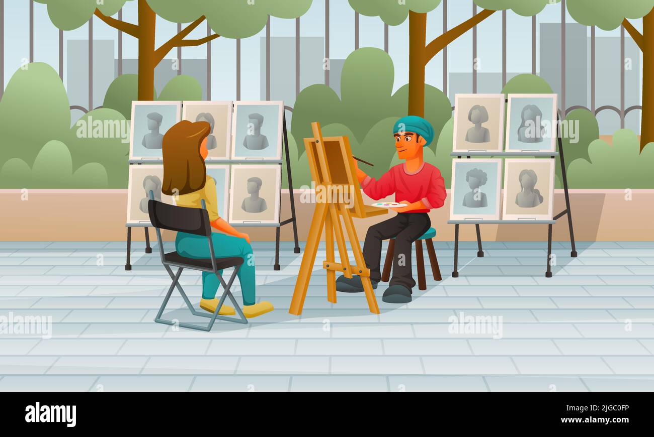 Street performer artist musician dancer cartoon composition with public ...