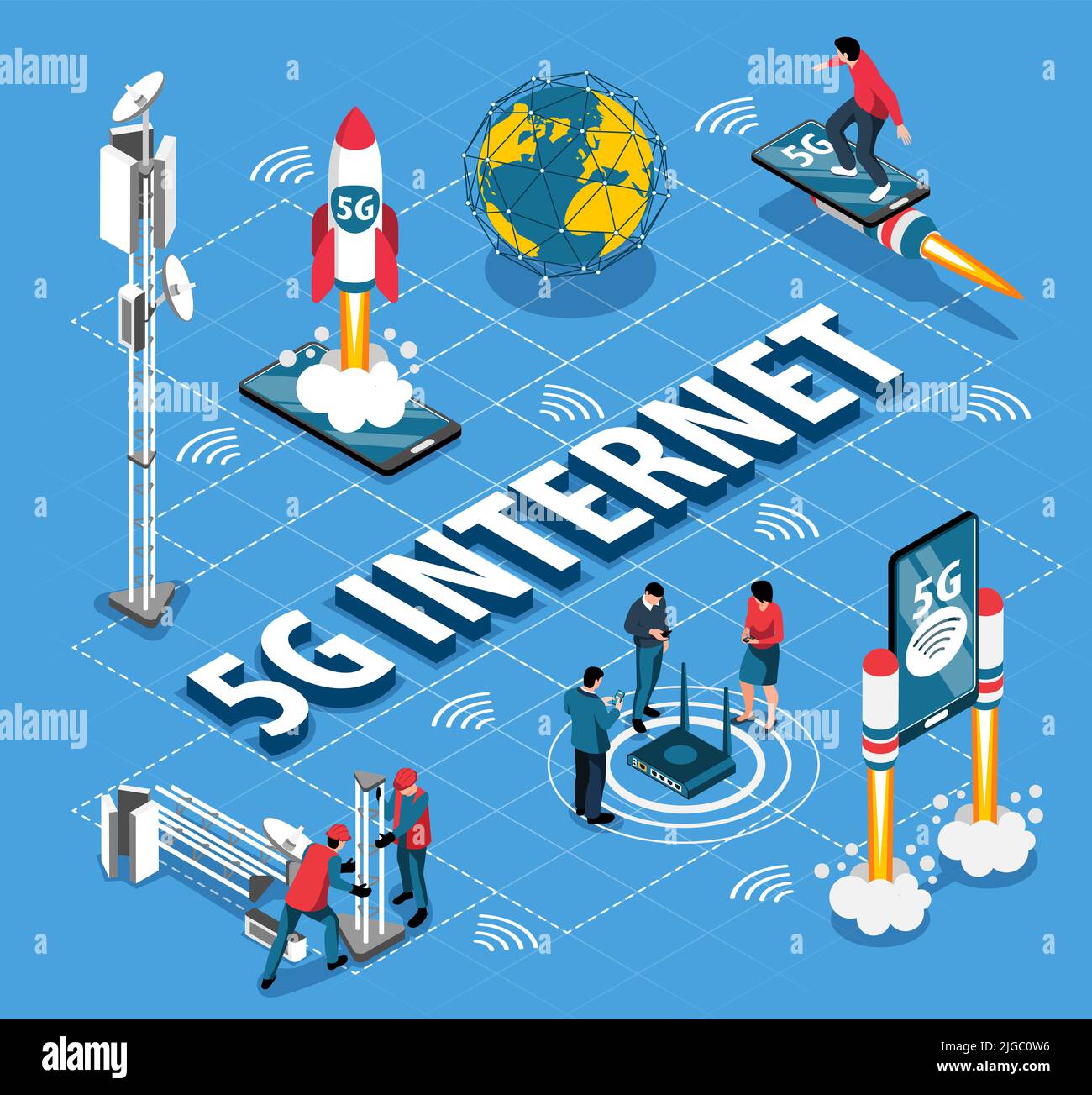 High speed internet isometric flowchart presenting equipment promoting ...