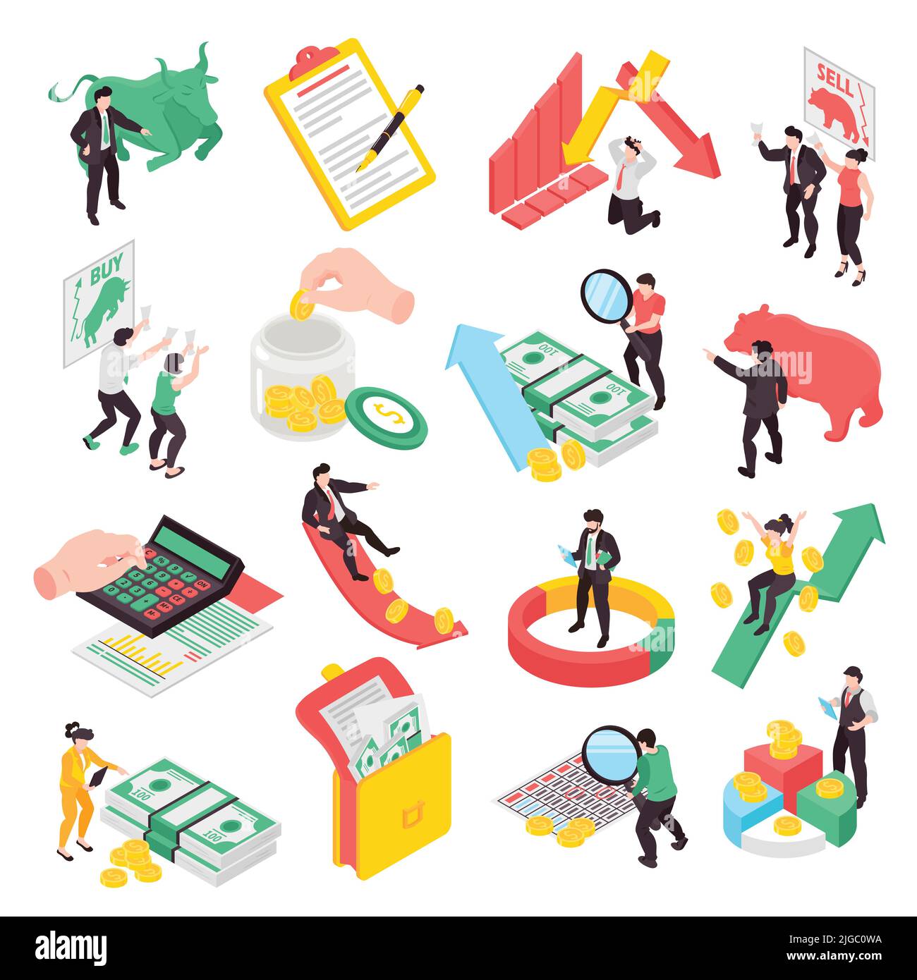 Finance isometric set with money stock market bull bear profit ...