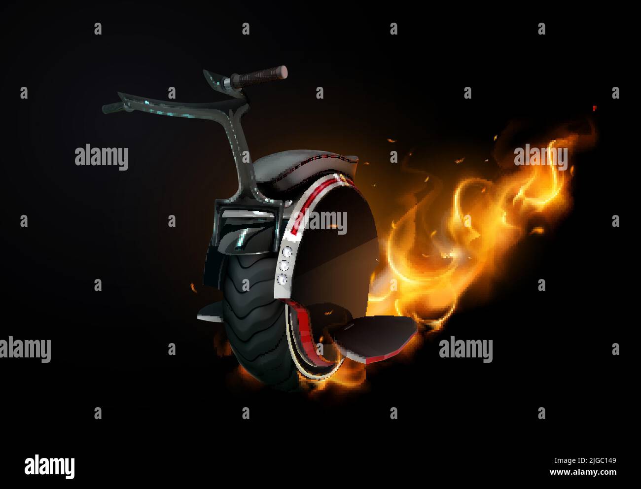 Monowheel fire realistic composition with image of monocycle with flame ...