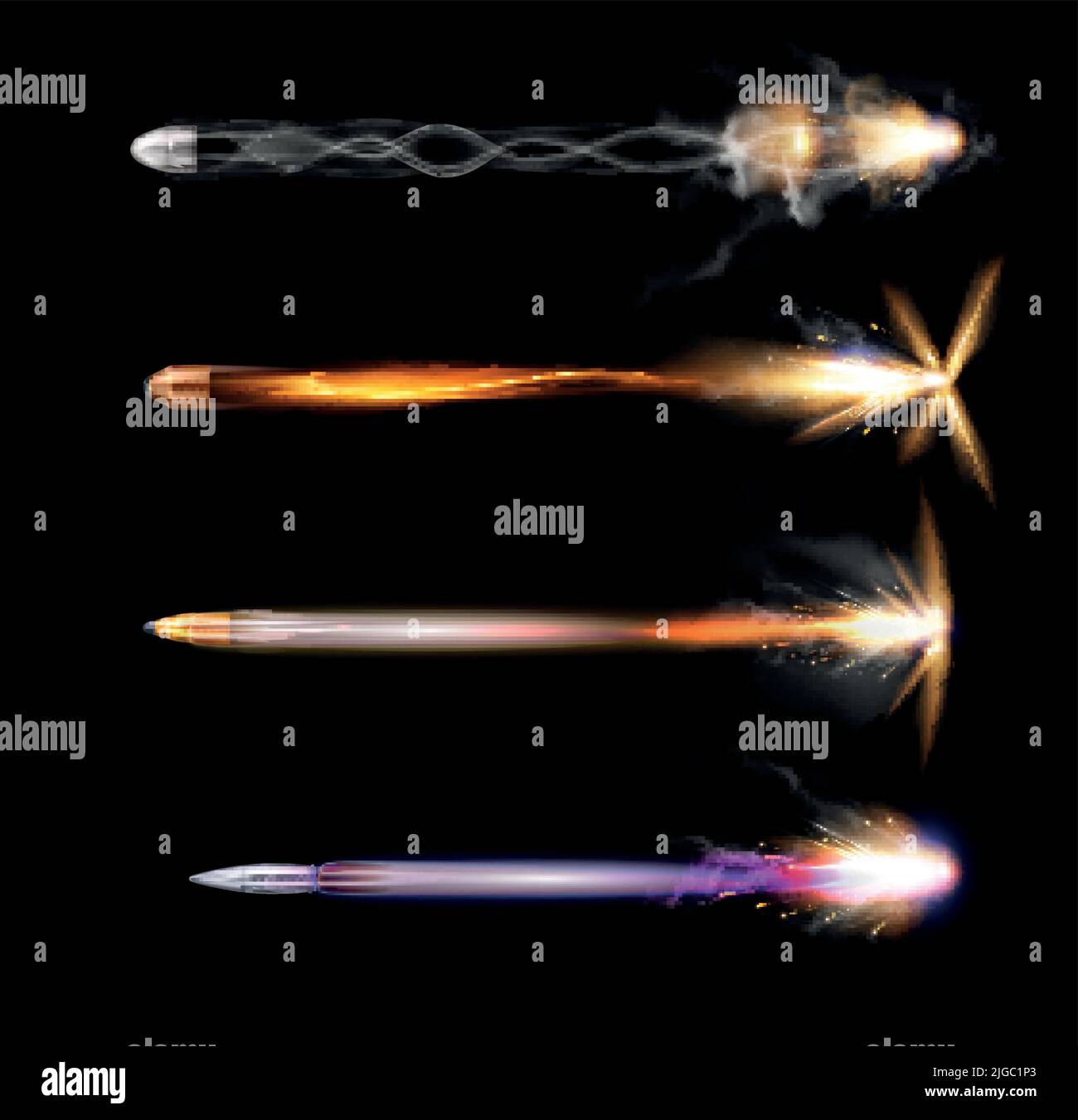 Realistic gun shot flashes with bullets in motion smoke and colorful ...