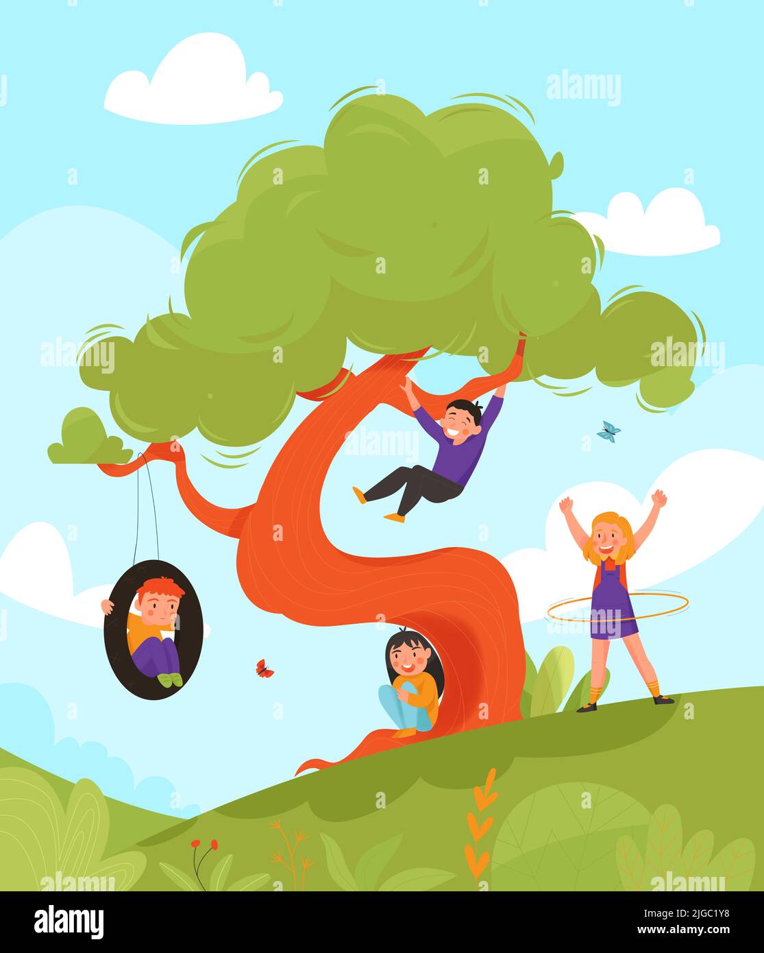 Summer children playing activity tree composition children play in the ...
