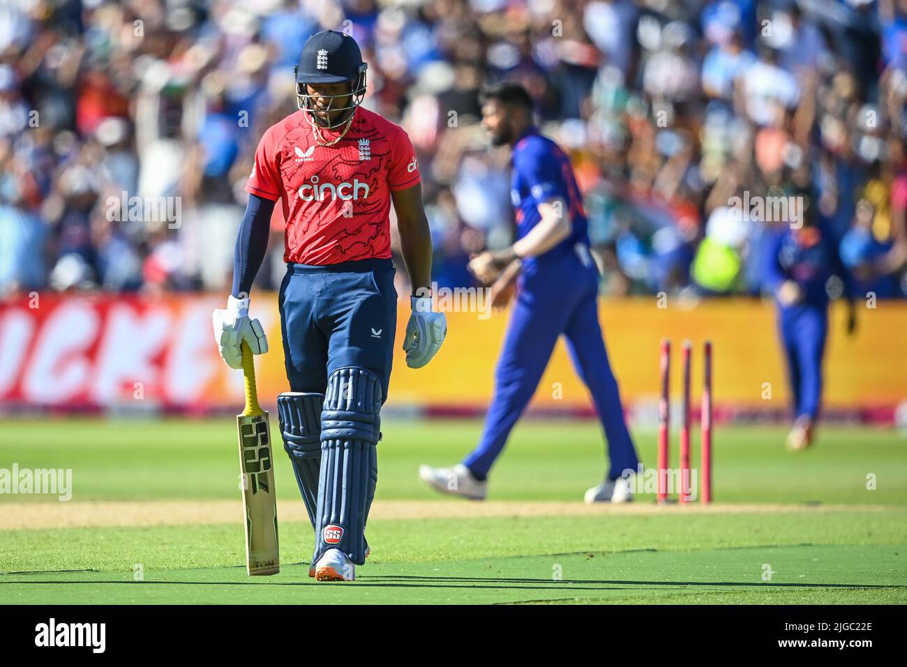 Chris Jordan of England leaves the field after being run out by Rohit ...