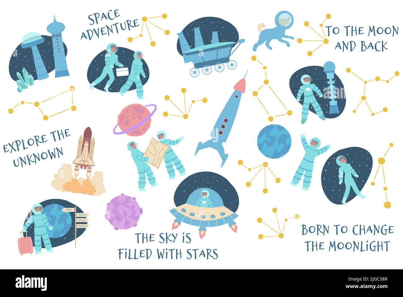 Space text flat set with icons of stars constellations planets and ...
