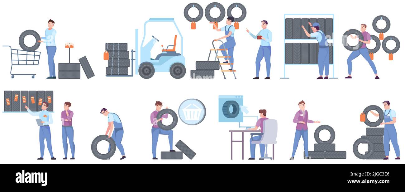 Tire shop flat icons set of visitors buying new wheels and staff ...
