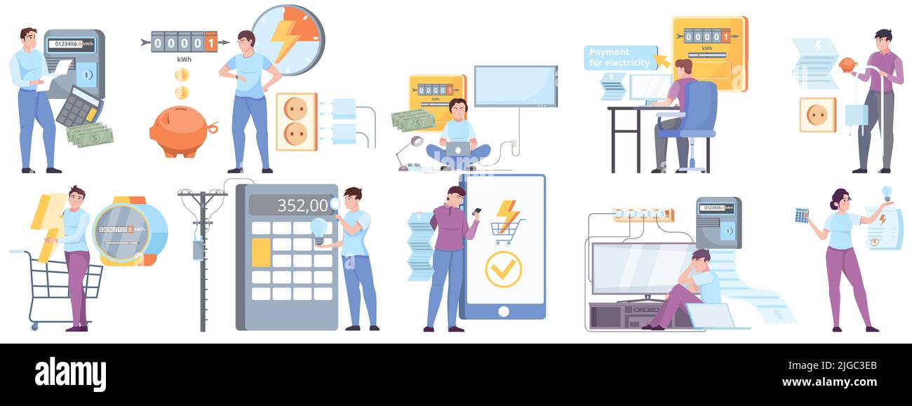 Payment for electricity flat set of people characters utility bill ...