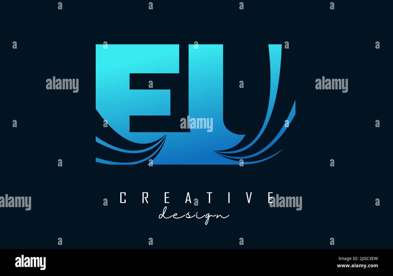 Creative blue letter EU e U logo with leading lines and road concept ...