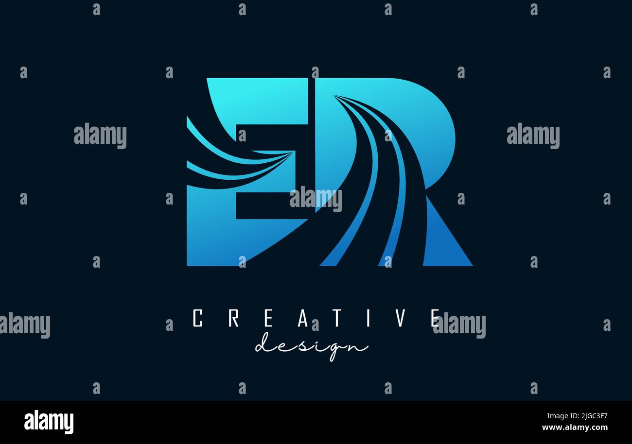 Creative blue letter ER e R logo with leading lines and road concept ...