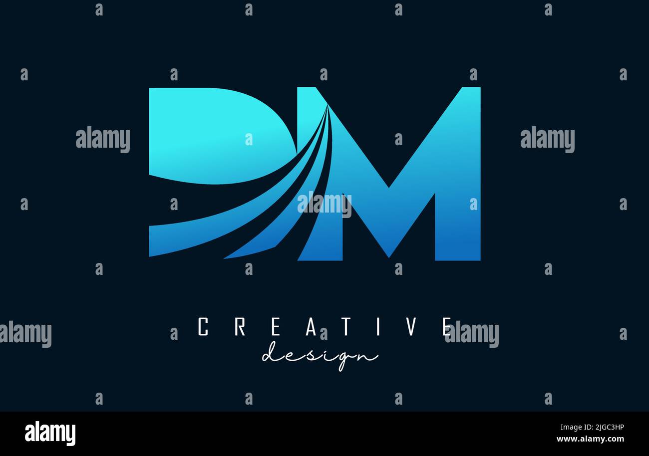 Creative blue letter DM d m logo with leading lines and road concept ...