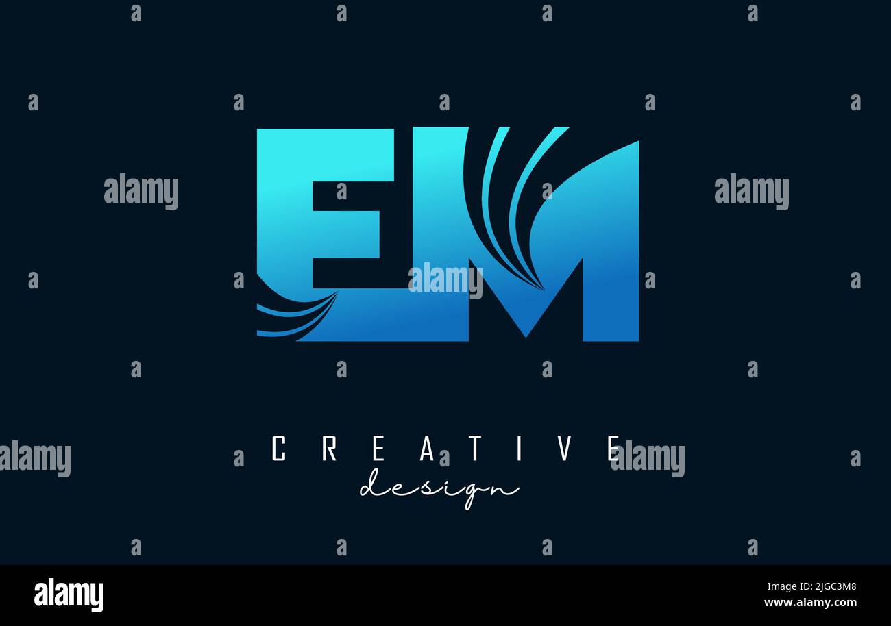Creative blue letter EM e m logo with leading lines and road concept ...