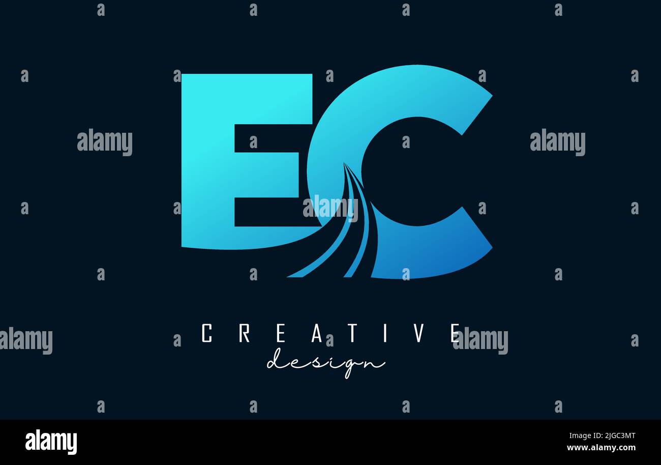 Creative blue letter EC e c logo with leading lines and road concept ...