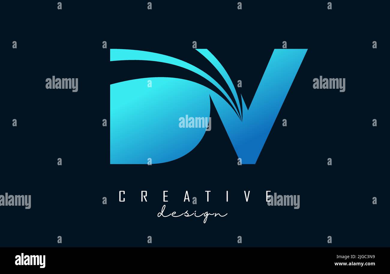 Creative blue letter DV d v logo with leading lines and road concept ...