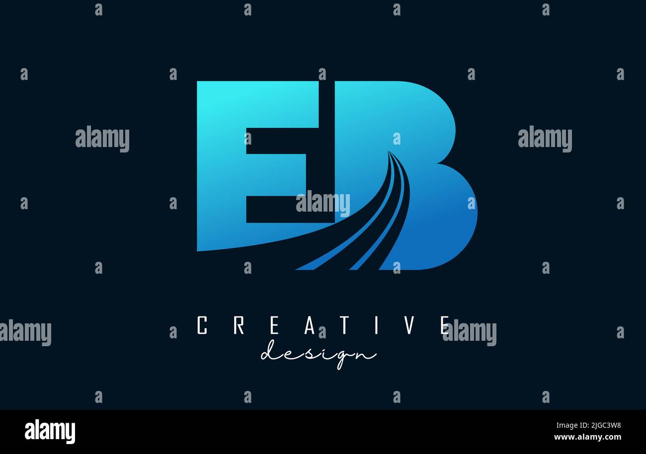 Creative blue letter EB e b logo with leading lines and road concept ...