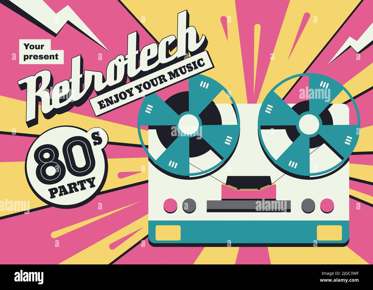 Retro technology horizontal poster with pop art style image of vintage ...