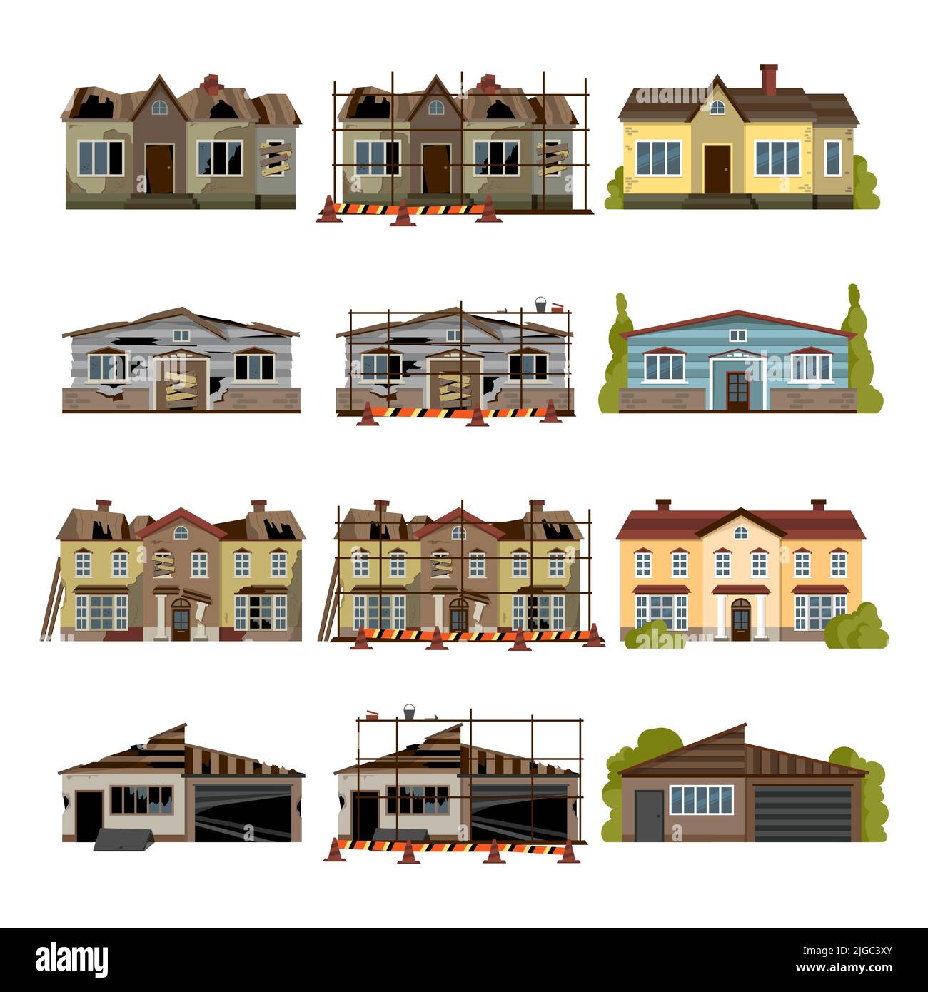 Reconstruction building renovation set of isolated icons with crumbling ...