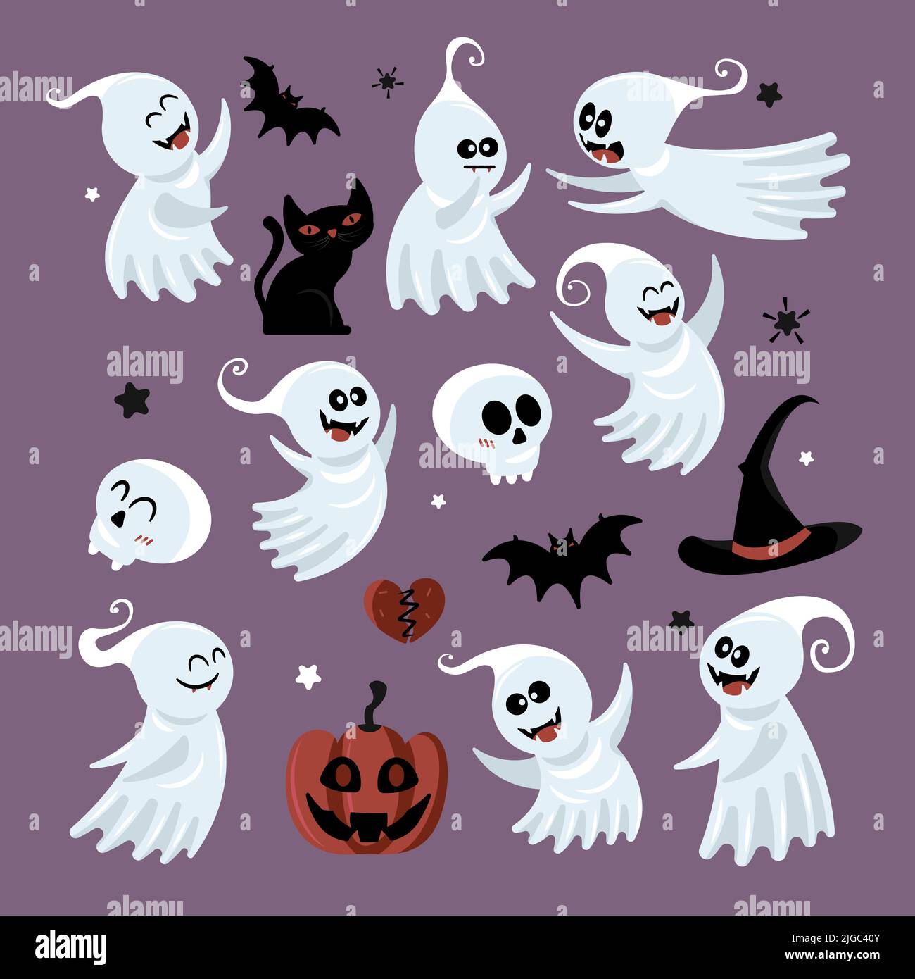Set of isolated ghost halloween icons with flying rats cartoon style ...