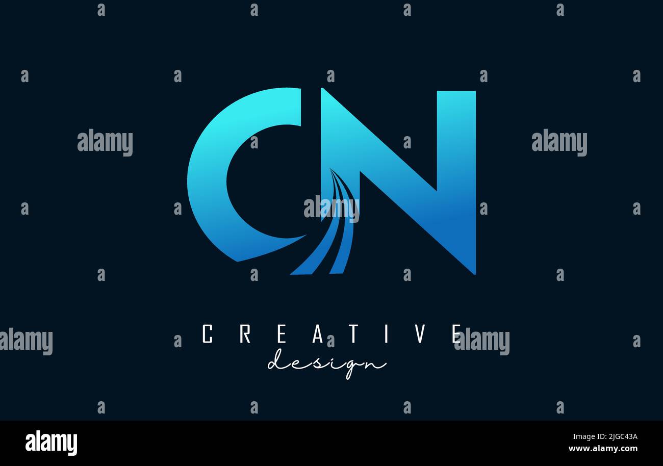 Creative blue letter CN c n logo with leading lines and road concept ...