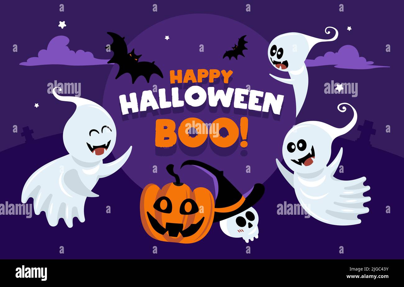 Ghost horizontal poster with composition of cartoon pumpkin head and ...