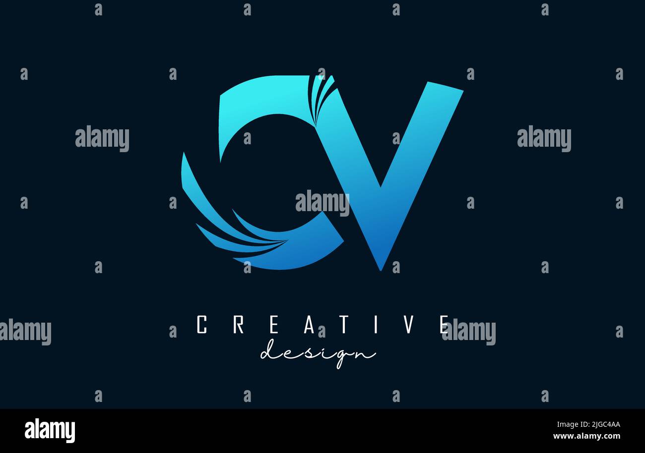 Creative blue letter CV c v logo with leading lines and road concept ...