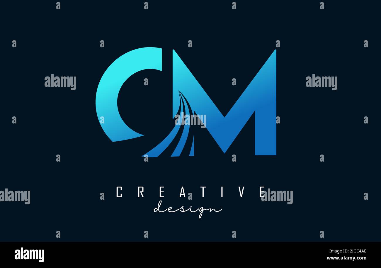 Creative blue letter CM c m logo with leading lines and road concept ...