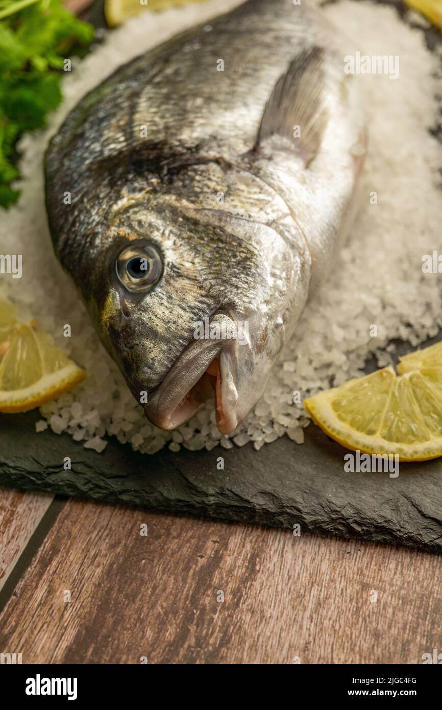 close-up of a fresh sea bream in salt with slices of lemon on a black ...