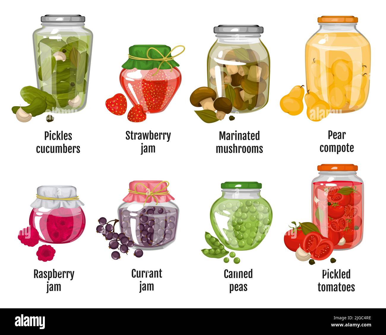 Homemade canned fruits and vegetables set of marinated mushrooms pear ...