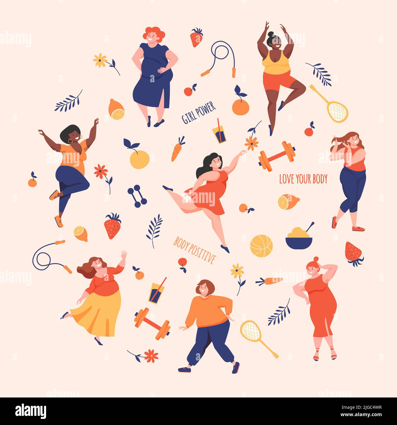 Body positive life round composition with isolated floral icons text ...