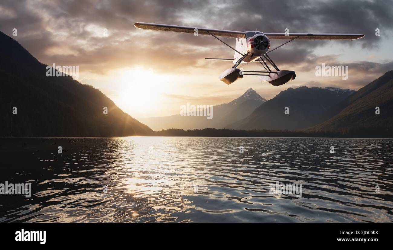 Seaplane flying over a Lake, trees and mountains in Canadian Landscape ...