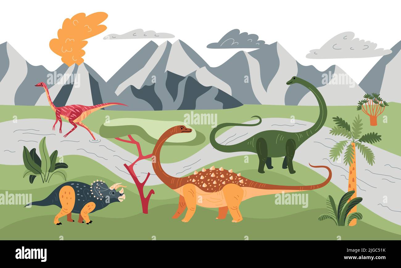 Dinosaurs background composition with outdoor scenery of meadow with ...