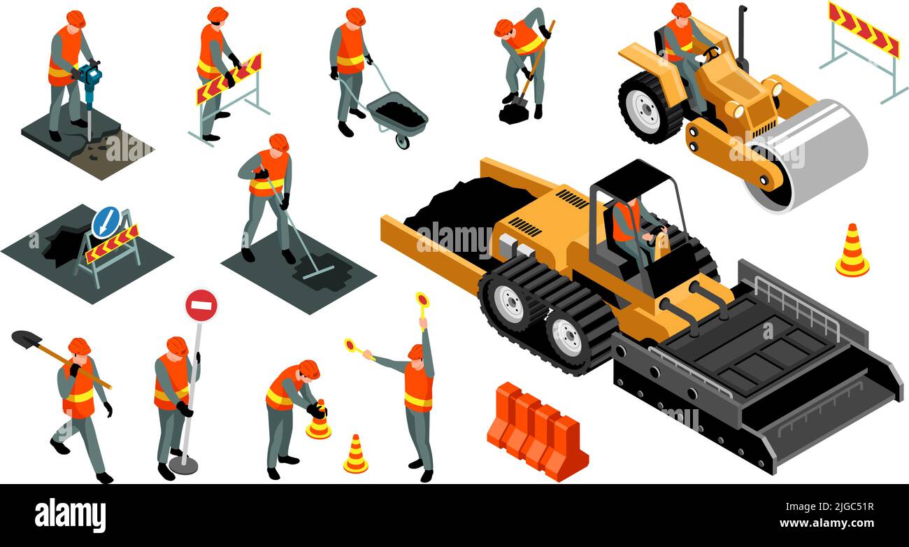 Isometric road repair set with isolated icons of traffic signs ...