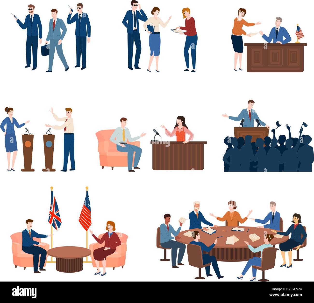 Politicians elections flat set with round table meeting press ...