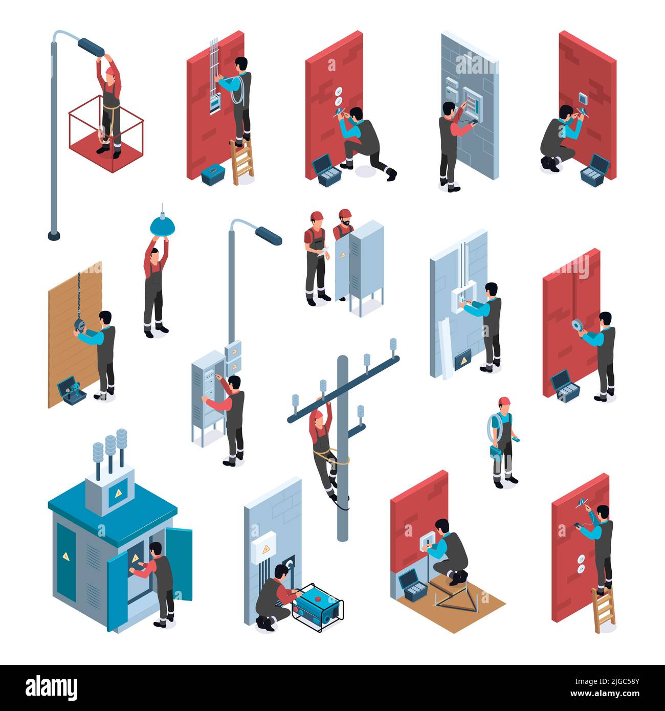 Technician service isometric set with professional workers repairing ...