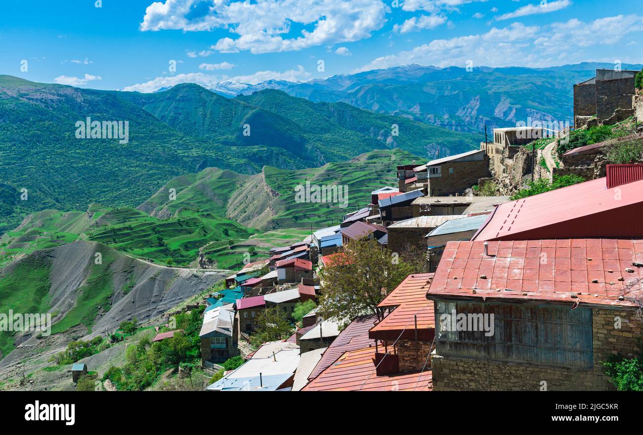 houses on a rocky slope in the mountain village of Chokh in Dagestan ...