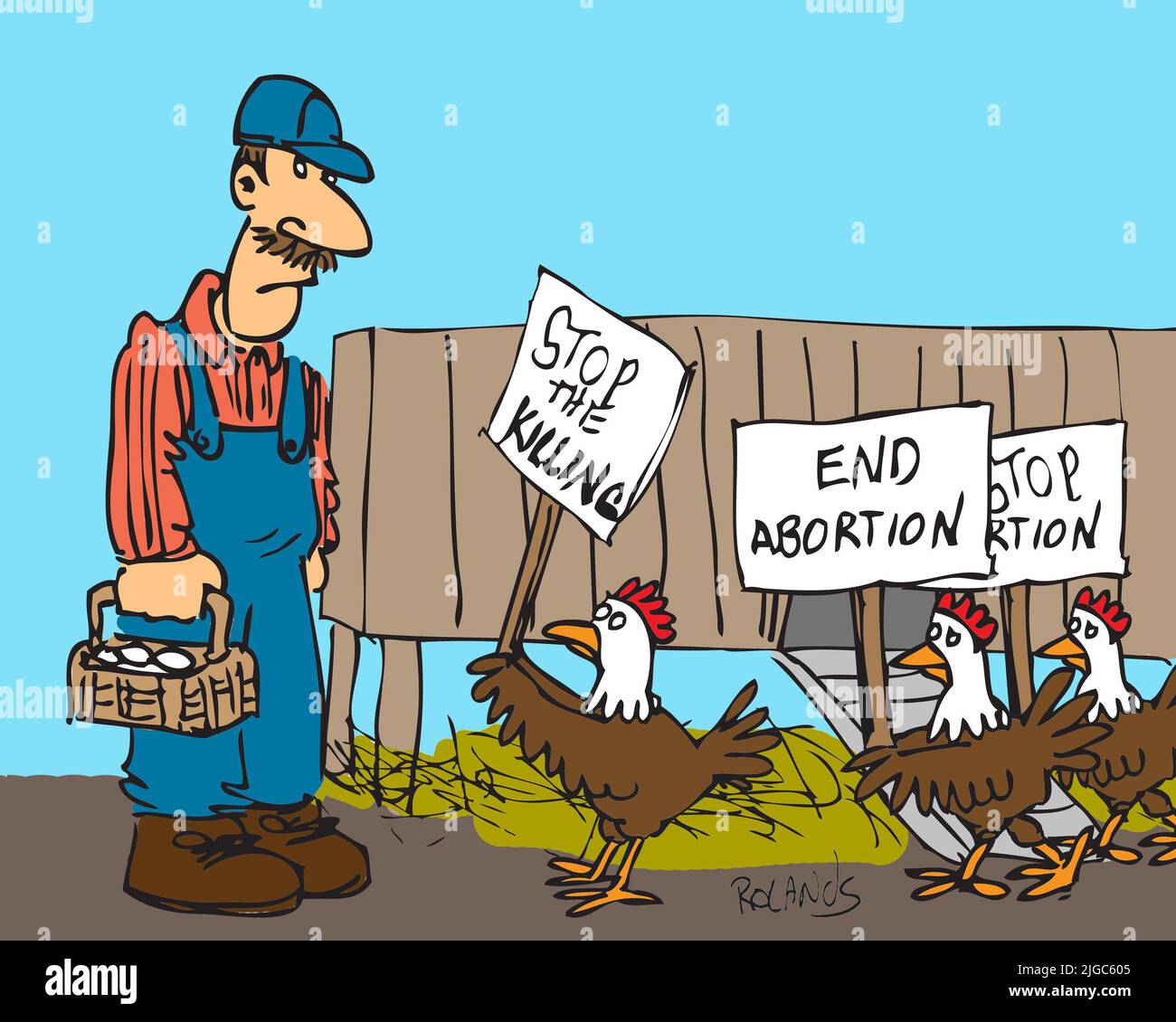 Cartoon of a farmer collecting eggs being confronted by chickens ...