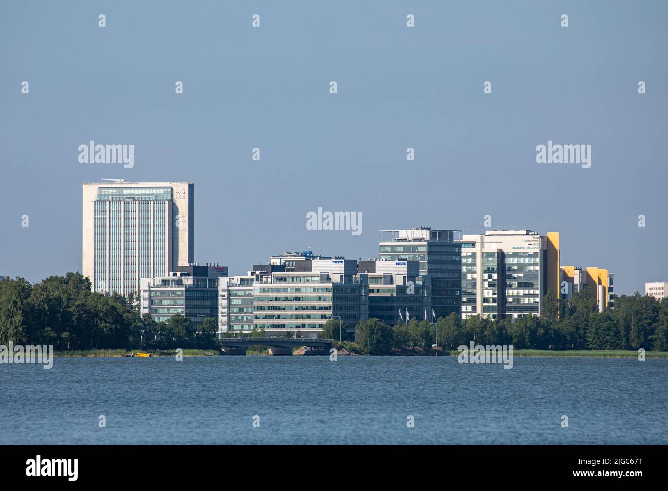 Keilaniemi office buildings in Espoo viewed over Laajalahti Bay Stock ...