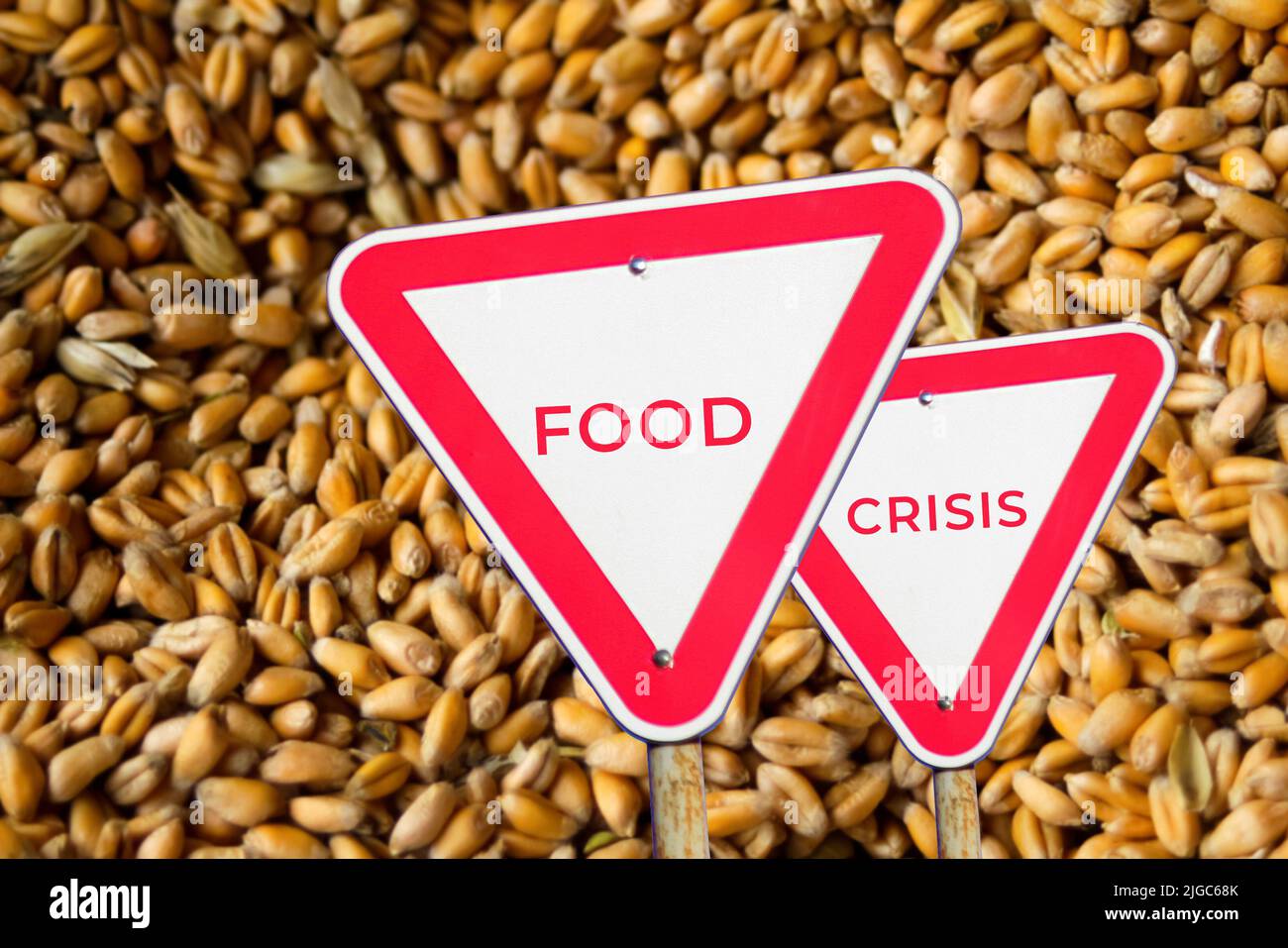 Food crisis concept. Two red road signs. Defocus blank empty triangle ...