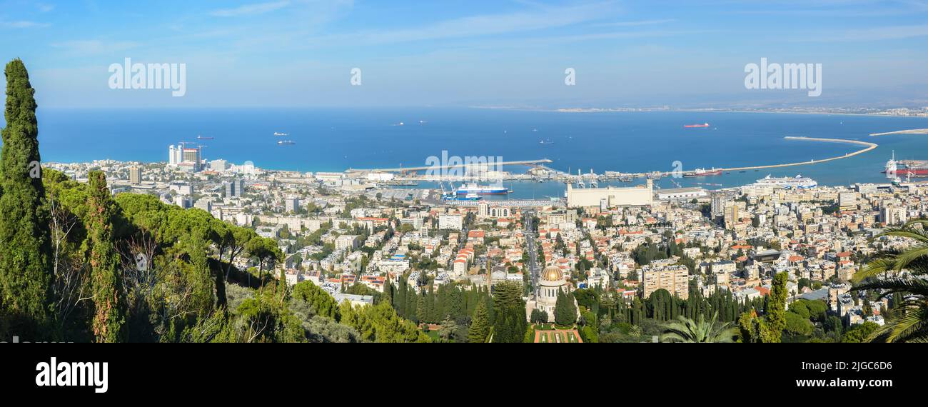 Panorama of Haifa. View of the city and port of Haifa from Carmel Hill ...