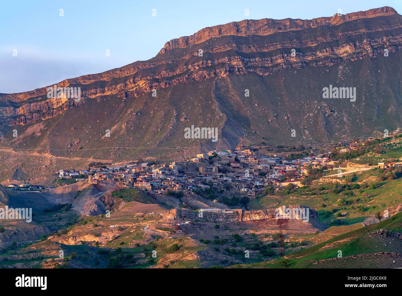 evening view of the mountain village of Chokh in Dagestan on the slope ...