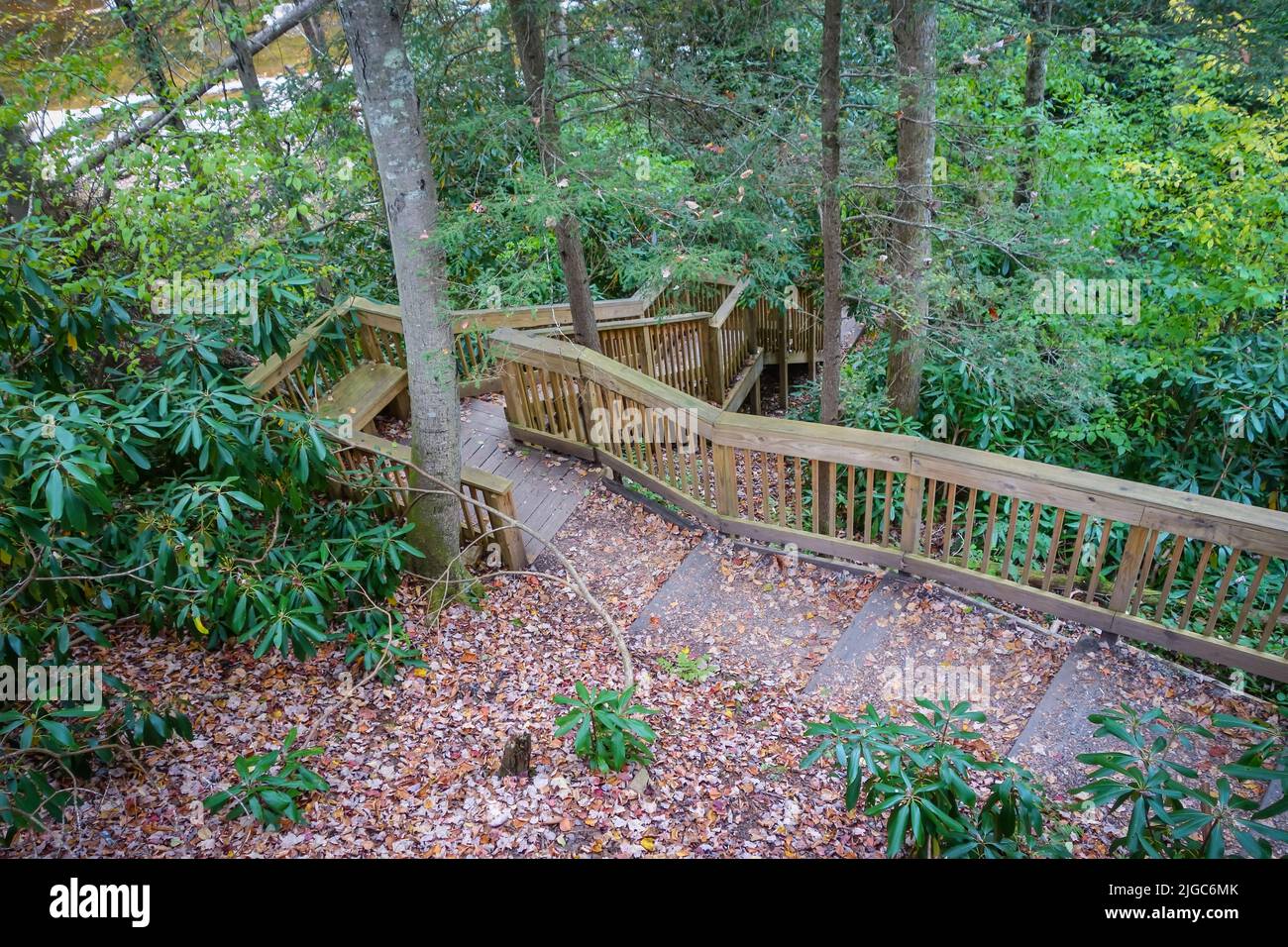 A high angle shot of boardwalk and stairs leading down to High Falls in ...