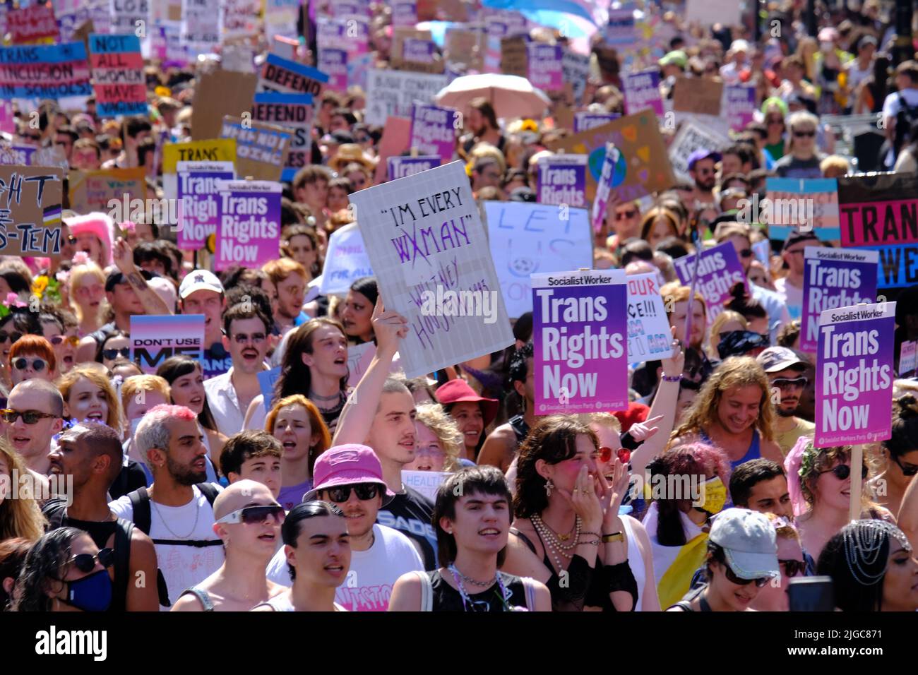 London, UK, 9th July, 2022. Thousands of trans rights activists and ...