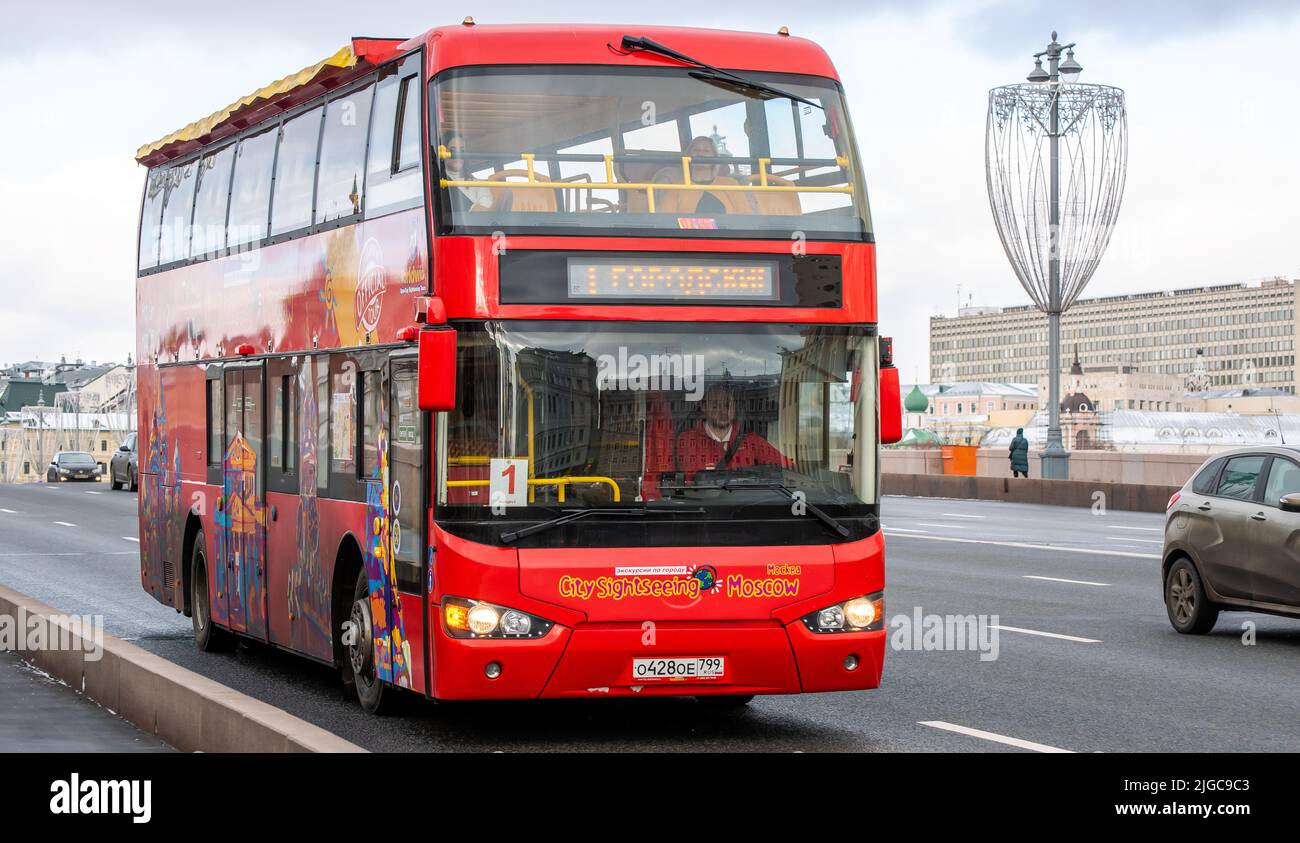 February 5, 2020, Moscow, Russia. A red double-decker tour bus on a ...