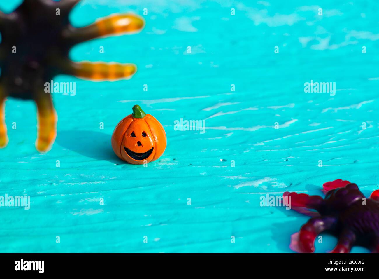 Cute Halloween pumpkin figure with spider candy Stock Photo - Alamy