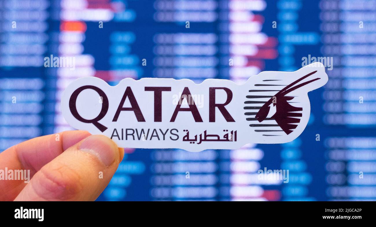 December 11, 2021, Doha, Qatar. The emblem of Qatar Airways against the ...