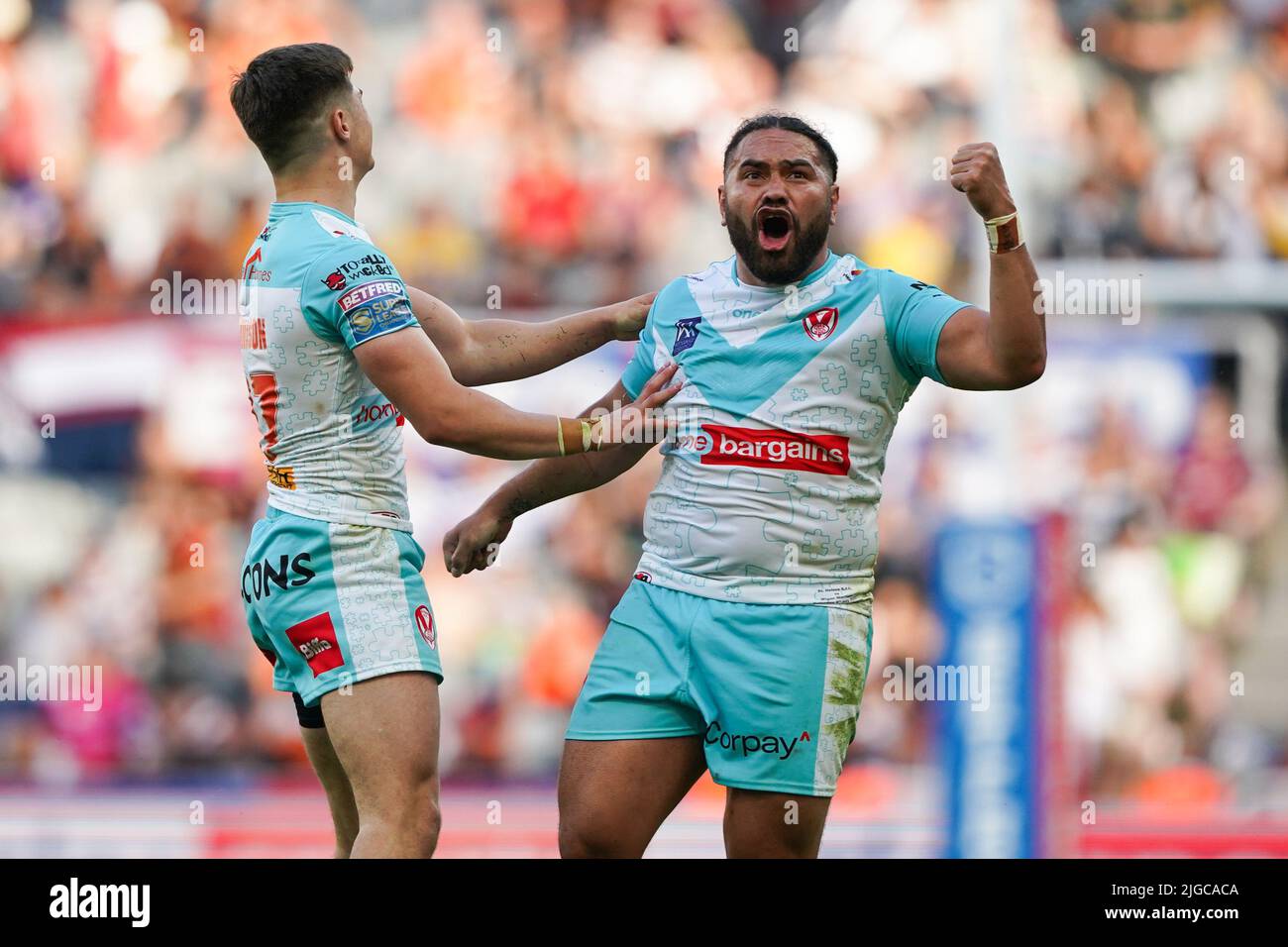 St Helens’ Konrad Hurrell celebrates victory following the Betfred ...
