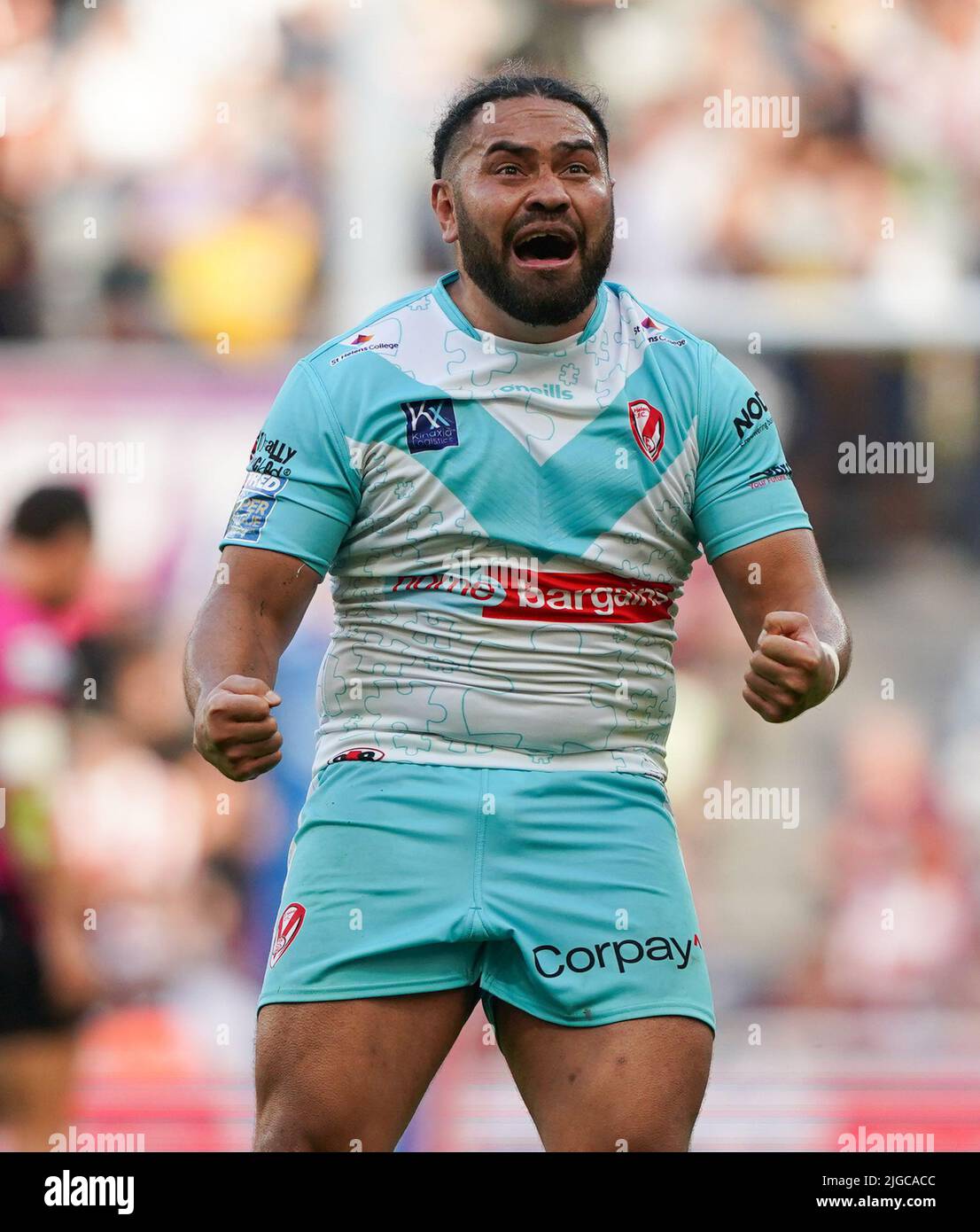 St Helens’ Konrad Hurrell celebrates victory following the Betfred ...