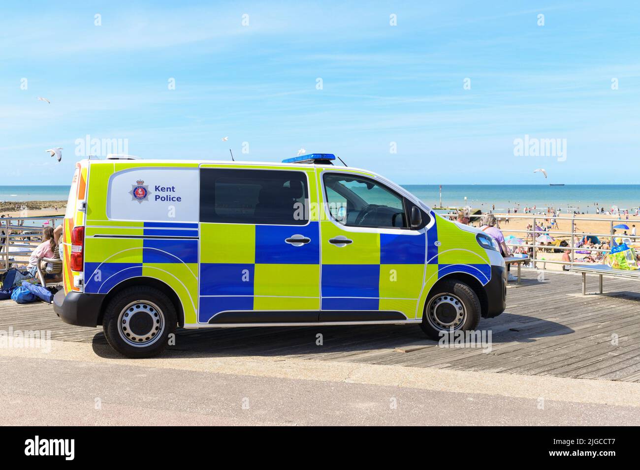 Kent Police van on promenade at Margate Main Sands beach, Margate, Kent ...