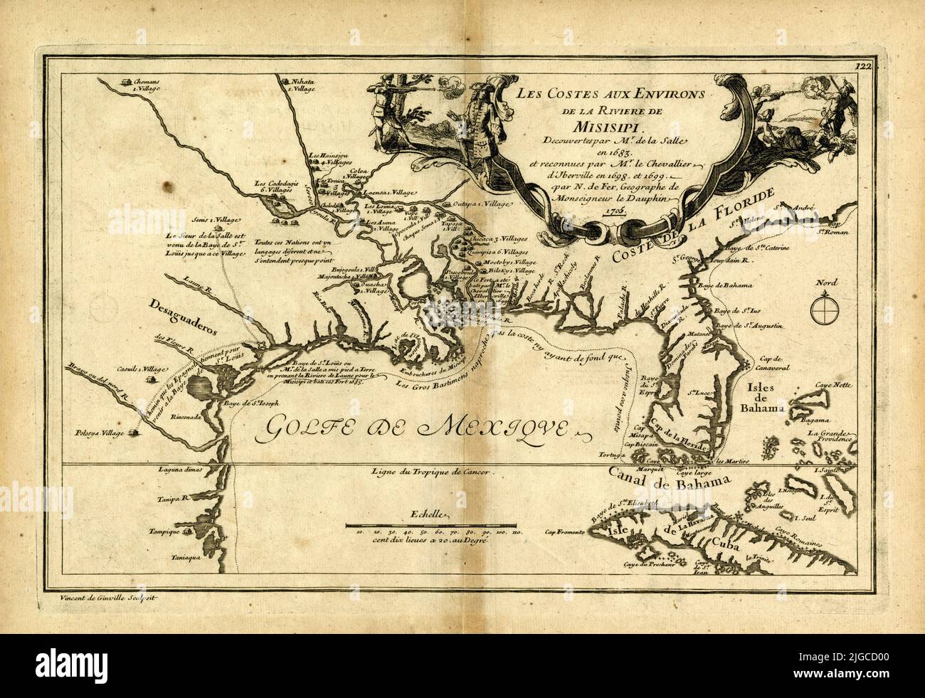 French Map of the Coasts of the Mississippi River, 1705, by Nicolas de ...