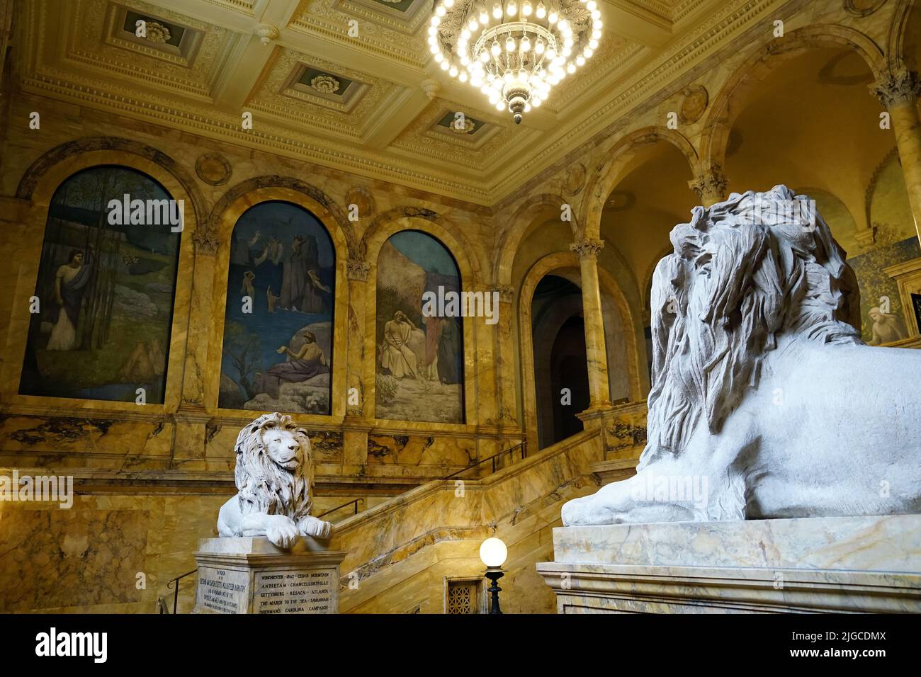 lion statue, staircase, McKim Building, Boston Public Library, Boston ...