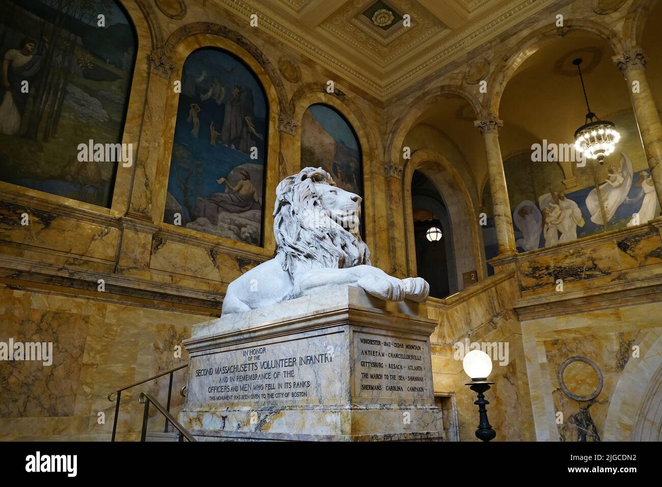 lion statue, staircase, McKim Building, Boston Public Library, Boston ...