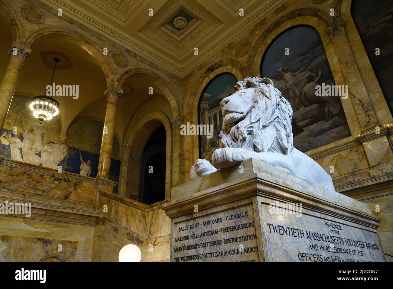 lion statue, staircase, McKim Building, Boston Public Library, Boston ...